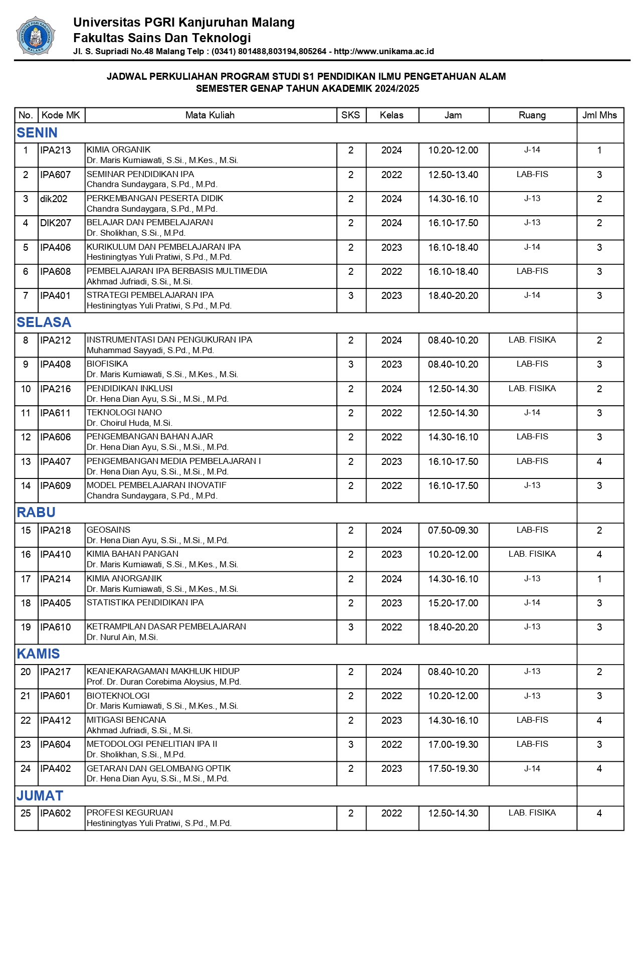 Jadwal Kuliah - Program Studi Pendidikan IPA